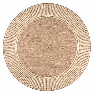 nuLOOM 7' Round Outdoor Area Rug, Casual Design With Striped Border, Stain Resistant, Highly Durable, For Patio, Balcony, Bedroom, Living Room, Dining Room, Bathroom, Light Brown