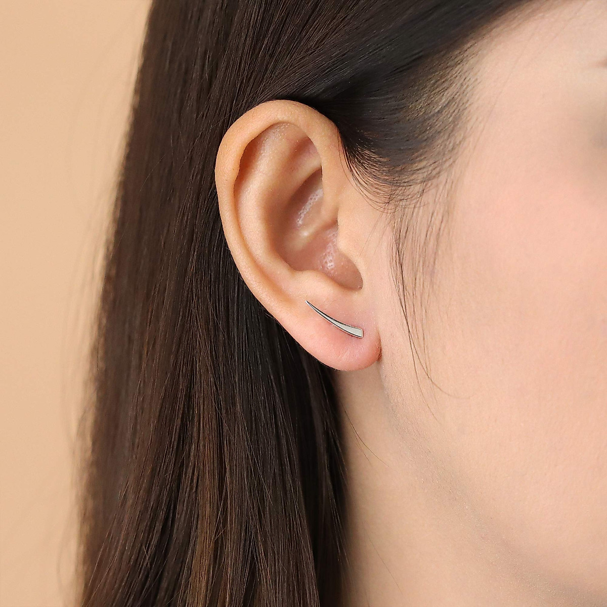 Boma Jewelry Sterling Silver Minimalist Long Curved Pointed Bar Ear Crawler Stud Earrings