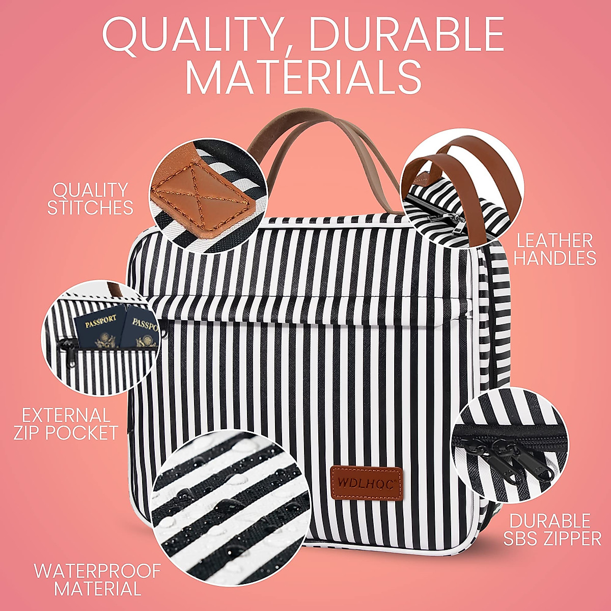 WDLHQC Hanging Travel Toiletry Bag with Hook | Water Proof Zip Bag with 4 Compartments + 2 Outer Zip Pockets | Cosmetic Travel Bag for Toiletries | Travel Essentials for Women & Men (Black Stripe)