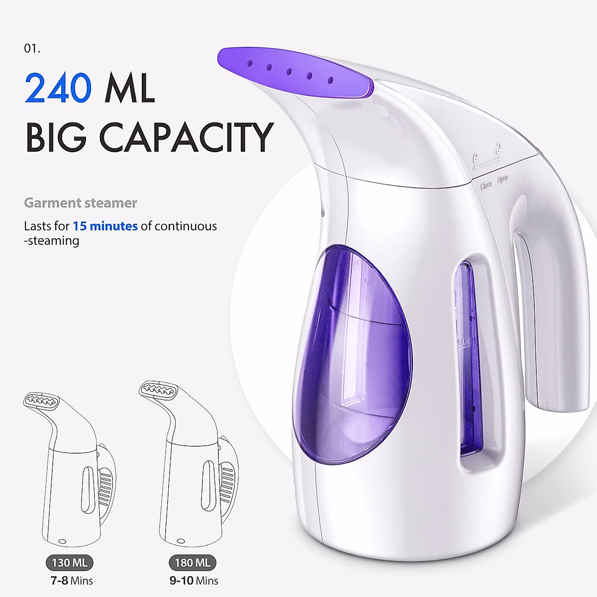 Hilife Steamer for Clothes, Portable Handheld Design, 240ml Big Capacity, 700W, Strong Penetrating Steam, Removes Wrinkle, for Home, Office and Travel (Purple)