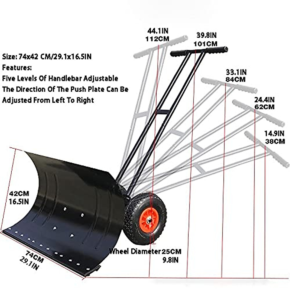 ZhoneQingXninRED Wheeled Snow Pusher Shovel Heavy Duty Rolling with Adjustable Handle & Anti-Skid Wheels and Winter Gloves Removal Tool for Driveway Garden Pavement (29.1x16.5IN )