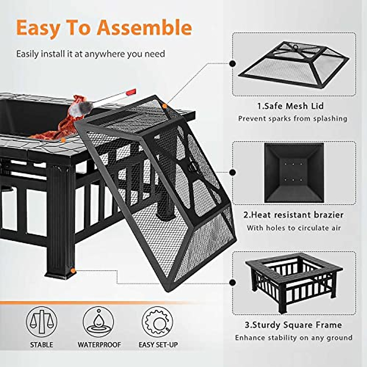 32in Firepit with Spark Screen,Square Firepit with Waterproof Cover, Poker,3 in 1 Patio Firepit Table BBQ Garden Stove for Outside Wood Burning and Drink Cooling