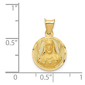 Solid 14k Yellow Gold Polished & Diamond-Cut Sagrado Corazon Circle Pendant