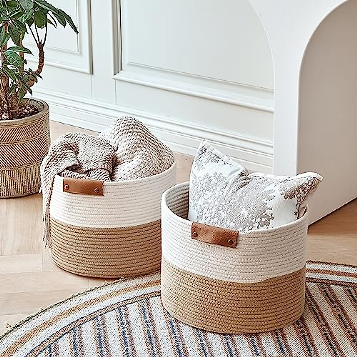 R RUNKA 2 Pack Storage Basket 14" x 11", Soft Woven Shelf Baskets for Storage with Leather Handles,Organizer Basket Set for Laundry, Toys, Books and Baby Blankets