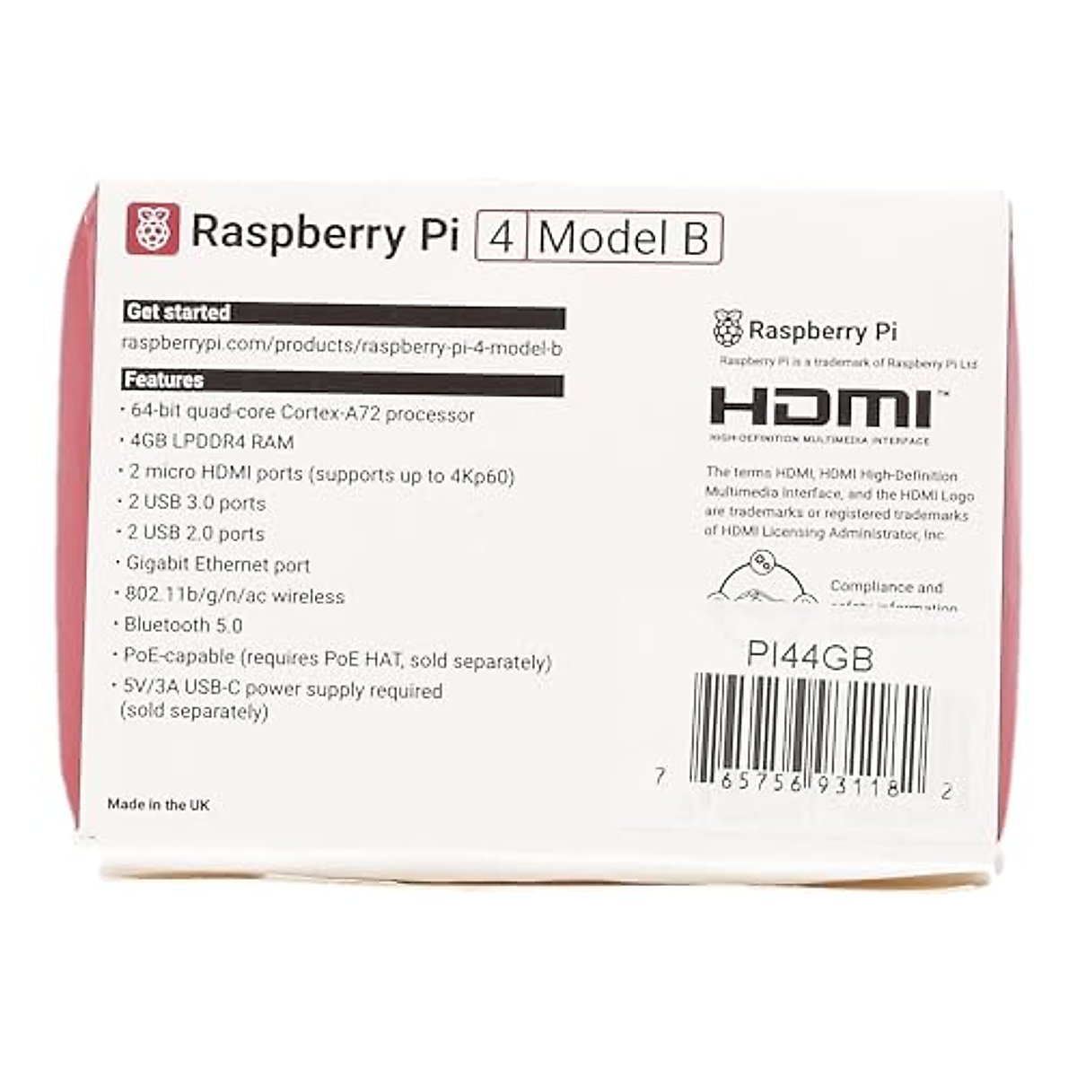 Raspberry Pi 4 Model B 2019 Quad Core 64 Bit WiFi Bluetooth (4GB)