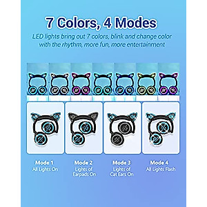 MindKoo Cat Ear Bluetooth Headphones with Microphone, LED Light Up Over Ear Headphones, Volume Control and Foldable Headset for Tablet/PC/iPad/Cell Phones, Gift for Kids Boys & Girls