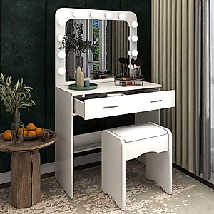 NeuType Makeup Vanity with Lights, Vanity Desk with Mirror and Lights, Vanity Mirror with Lights and Table Set, White Vanity Desk 2 Drawers Vanity Set with 12 Light Bulbs