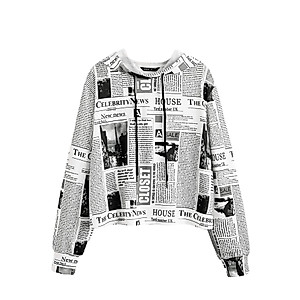 WDIRARA Women's Newspaper Print Long Sleeve Drawstring Hoodie Casual Sweatshirts Black and White L