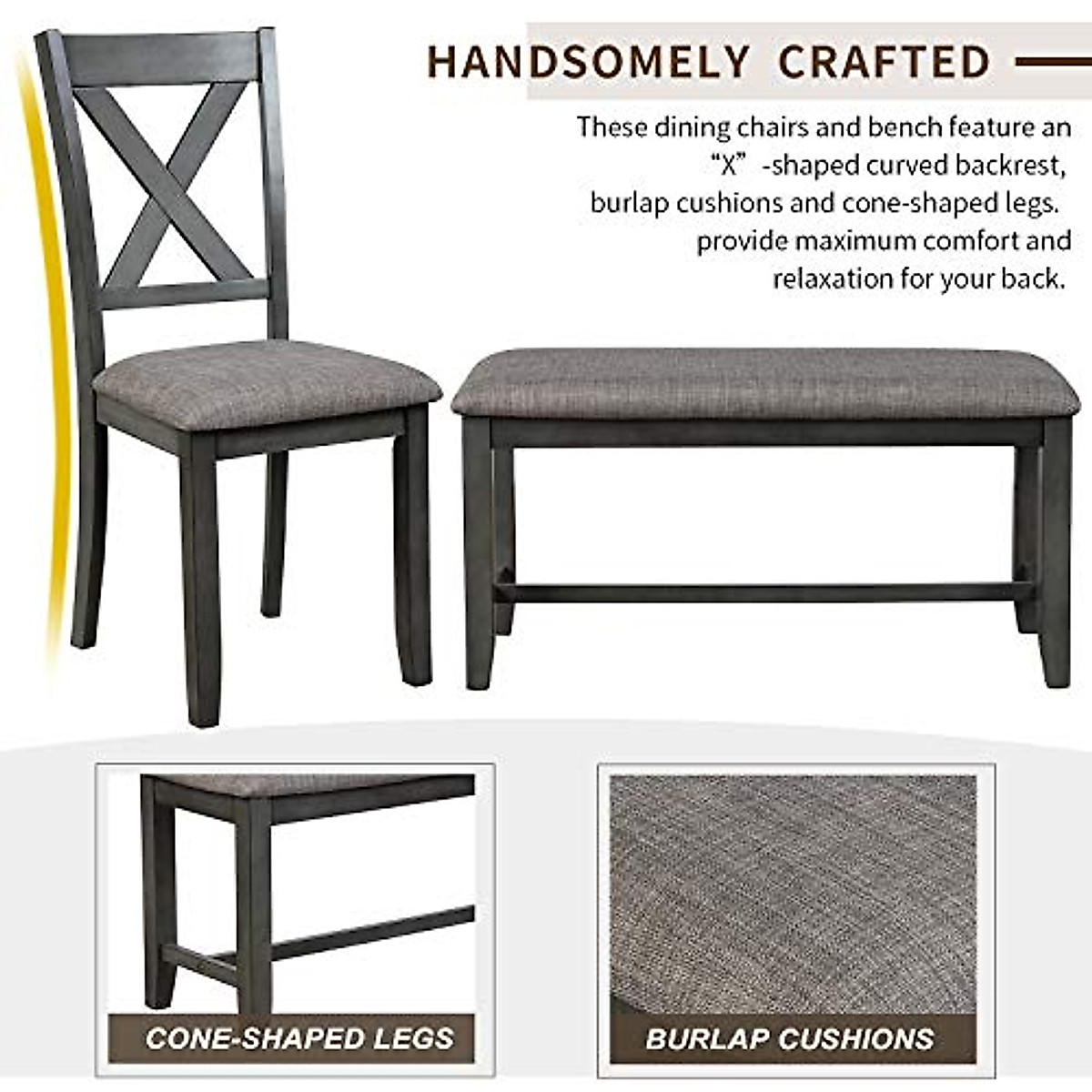 Harper & Bright Designs 6-Piece Dining Table Set, Dining Room Table Set with Wooden Rectangular Dining Table, 4 Dining Chair and Bench, Kitchen Dinette Set for 6 People (Grey)