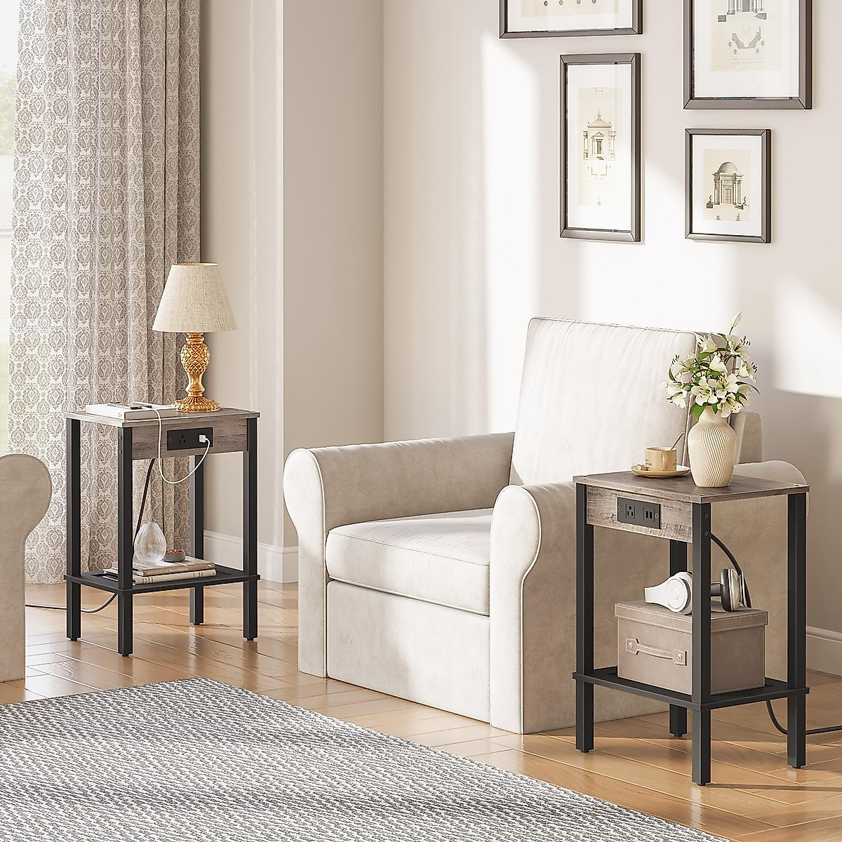 HOOBRO Side Table with Charging Station, End Table with USB Ports and Outlet, Nightstand with Storage Shelf, Faux Rattan Decoration, for Living Room, Bedroom, Greige and Black BG91UBZ01