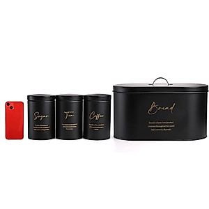 Hacaroa Set of 4 Bread Box and Canister Set for Kitchen Countertop, Metal Bread Bin Sugar Tea Coffee Storage Canister with Lid, Biscuit Tin Set for Loaf, Pastry, Dry Food, Black
