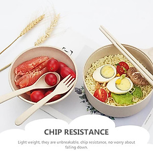 Hemoton Cereal Bowl Rice Bowl Noodle Bowl with Lid and Handle Wheat Straw Noodle Bowls with Wheat Straw Fork Chopsticks Spoon for Ramen Cereal Soup Salad Ramen Cooker Snack Set