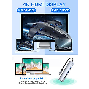 UUETKNN USB C HUB 6 in 1 USB C Laptop Docking Station Dual with 4K HDMI 2 USB 3.0 SDMicro SD Card Reader 87W PD Charging and USB C to A Adapter Compatible grey 6.69 x 3.54 x 0.79 inches