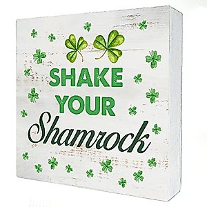 Shake Your Shamrock Wood Box Sign Home Decor Rustic St. Patrick's Day Quote Wooden Box Sign Block Plaque for Wall Tabletop Desk Home Office Decoration 5" x 5"