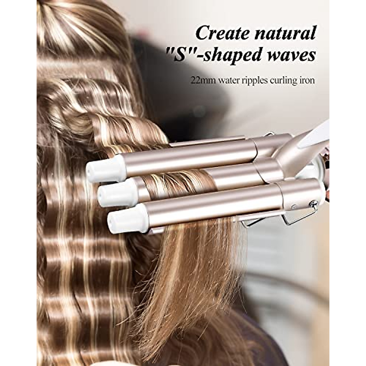 CkeyiN 3 Barrel Curling Iron Wand Hair Waver with LCD 16 Temperature Control Display, Ceramic Tourmaline Crimper Hair Iron with Glove, for All Hair Types Crimper Beach Waving Styling (Display)