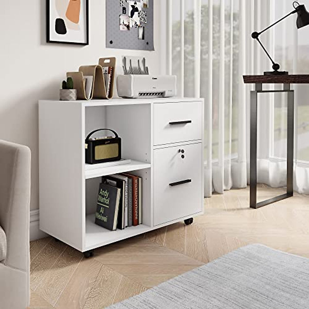 WAHEY File Cabinet, 2 Drawer Mobile Lateral Filing Cabinet with Open Storage Shelf, OLFC002