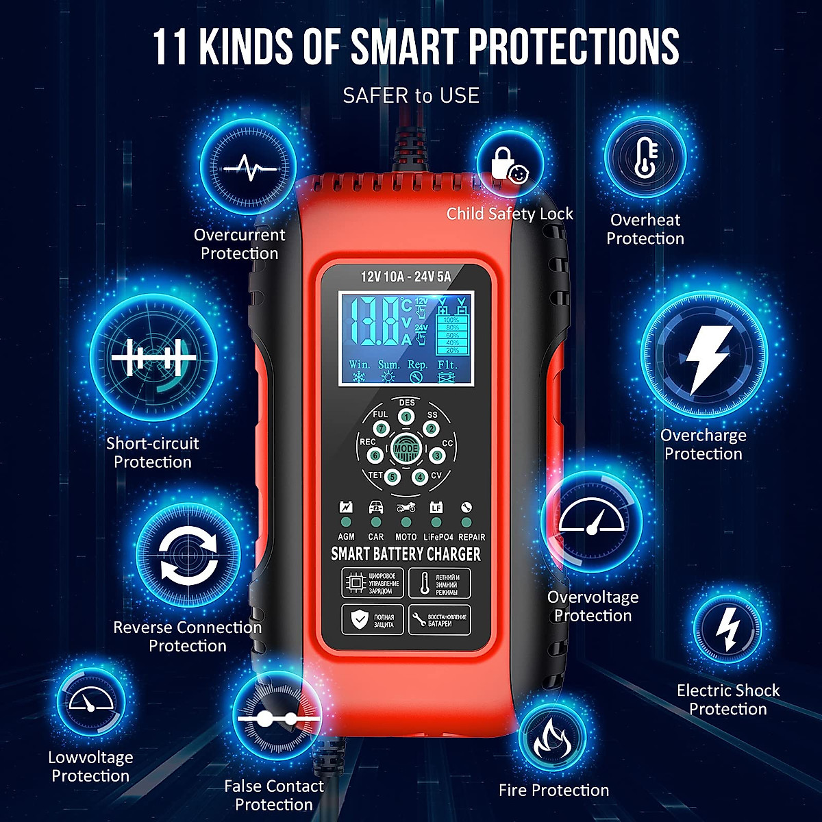 10A 12V/24V Trickle Charger, Smart Automatic Battery Automotive 7-Stage Charging Battery Maintainer with Pulse Repair Function, for Car Truck Motorcycle Lawn Mower Boat