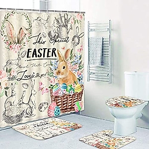 4 Pcs Easter Shower Curtain Sets with Non-Slip Rugs, Toilet Lid Cover, Bath Mat and 12 Hooks, Pink Rose Bunny Rabbit and Easter Eggs Spring Shower Curtains for Easter Day Bathroom Decoration