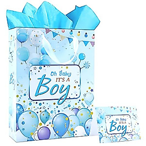 Large Blue Baby Boy Gift Bag with Tissue Paper and Greeting Card, It's A Boy Baby Shower Paper Bag Baby Boy Wrapping Paper Bag with Ribbon Handles for Party Supplies Decorations,1st Birthday Gender Reveal Party Favors