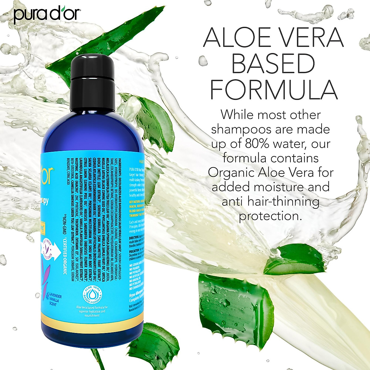 PURA D'OR 16 Oz Hair Thinning Therapy Biotin Shampoo - LAVENDER VANILLA Scent - CLINICALLY TESTED Effective Results, Herbal DHT Blocker Hair Thickening Products Women & Men, Color Safe Routine Shampoo