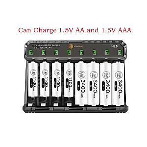 NL8 1.5V 1.2V Universal Battery Charger 8Bay, Rechargeable Battery Charger with C USB Input, AA AAA Battery Charger for 1.5V/1.2V/14500 Li-ion Rechargeable AA AAA Batteries