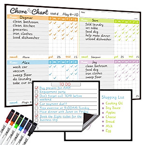 Magnetic Dry Erase Chore Chart Set for Fridge-Used for Multiple Kids-One Chore Chart and Two Bonus Dry Erase Pad/Grocery Boards-Behavior Chart for Multiple Kids-6 Extra Fine Tips Markers Included!