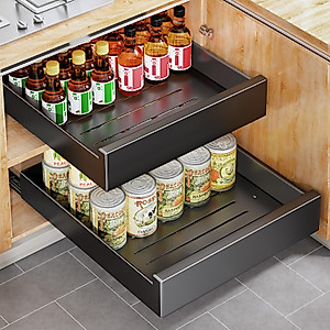 Pull Out Cabinet Organizer Fixed With Adhesive Nano Film, Heavy Duty Storage and Drawer Organization Slide Out Pantry Shelves Sliding Drawer Pantry Shelf for Kitchen13.8" W x 16.9"D x 3.1"H(1PC)
