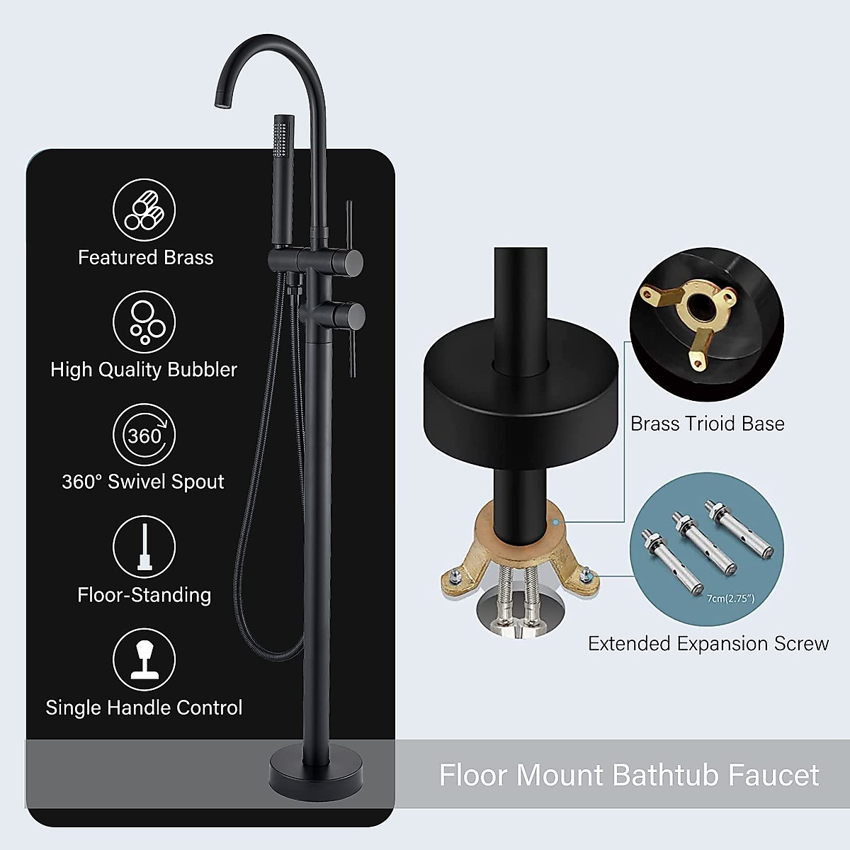 YAGATAP Freestanding Bathtub Faucet Floor Mount Tub Filler Matte Black High Flow Shower Faucets with Handheld Shower Mixer Taps Swivel Spout