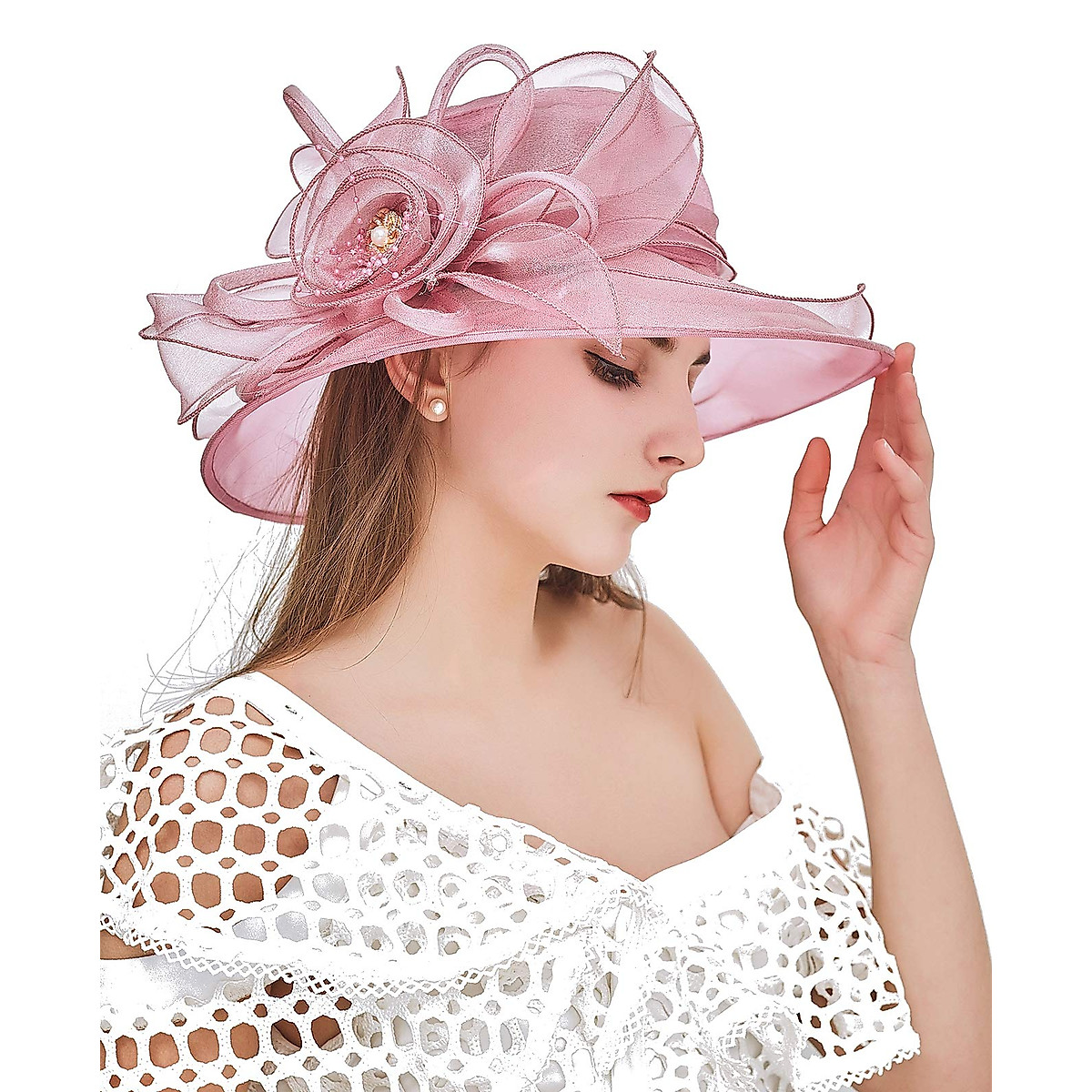 ELLYDOOR Women Kentucky Derby Fascinator Hat Organza Church Wedding Hat Wide Brim Cocktail Tea Party Hat Pink