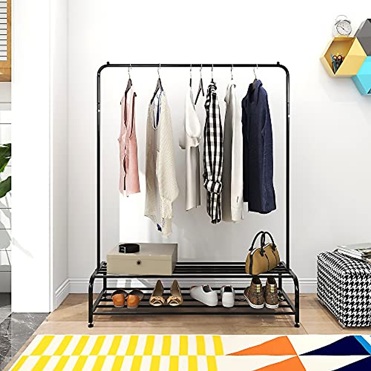 Black Commercial Garment Rack，Closet Garment Rack, Heavy Duty Clothes Storage Organizer for Bedroom, Free-Standing and Closet Organizer and Storage with Hanger Rods Clothes Rack for Hanging Clothes