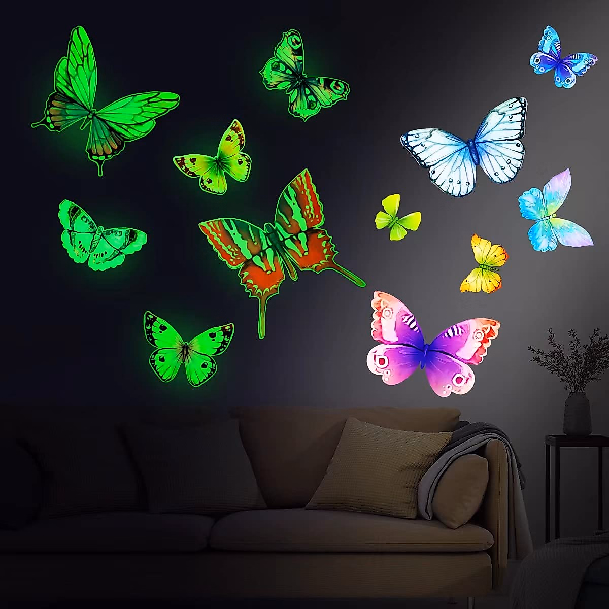 12pcs Large Glow in The Dark Stickers of Butterflies, Removable Reusable on Textured Wall, Wall Decals for Girls Bedroom, Waterproof Premium Butterfly Wall Décor, Unique Gifts for Girls Kids & Teen