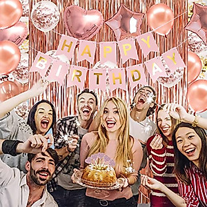 Rose Gold Birthday Party Decorations, Happy Birthday Banner, Rose Gold Fringe Curtain, Heart Star Foil Confetti Balloons, Hanging Swirls for Women Girls Birthday Princess Party