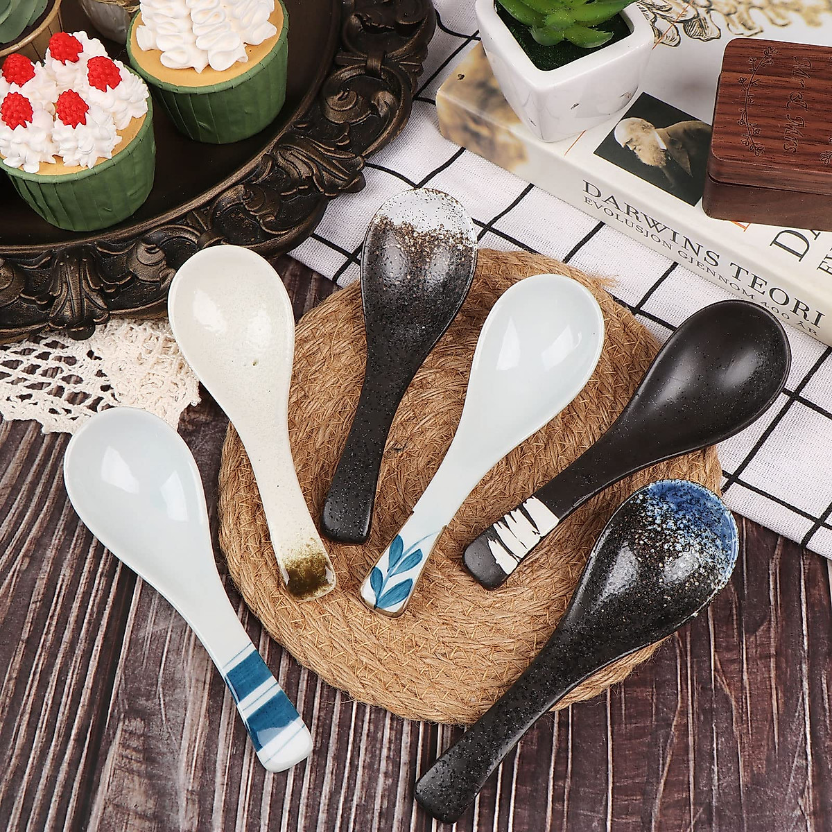 6 Pcs Ceramic Soup Spoons Japanese Retro Soup Spoons Chinese Soup Spoon Ceramic Asian Soup Spoons Rice Spoon Flatware Asian Serving Spoons Appetizers Tableware Meal Partner for Tasting