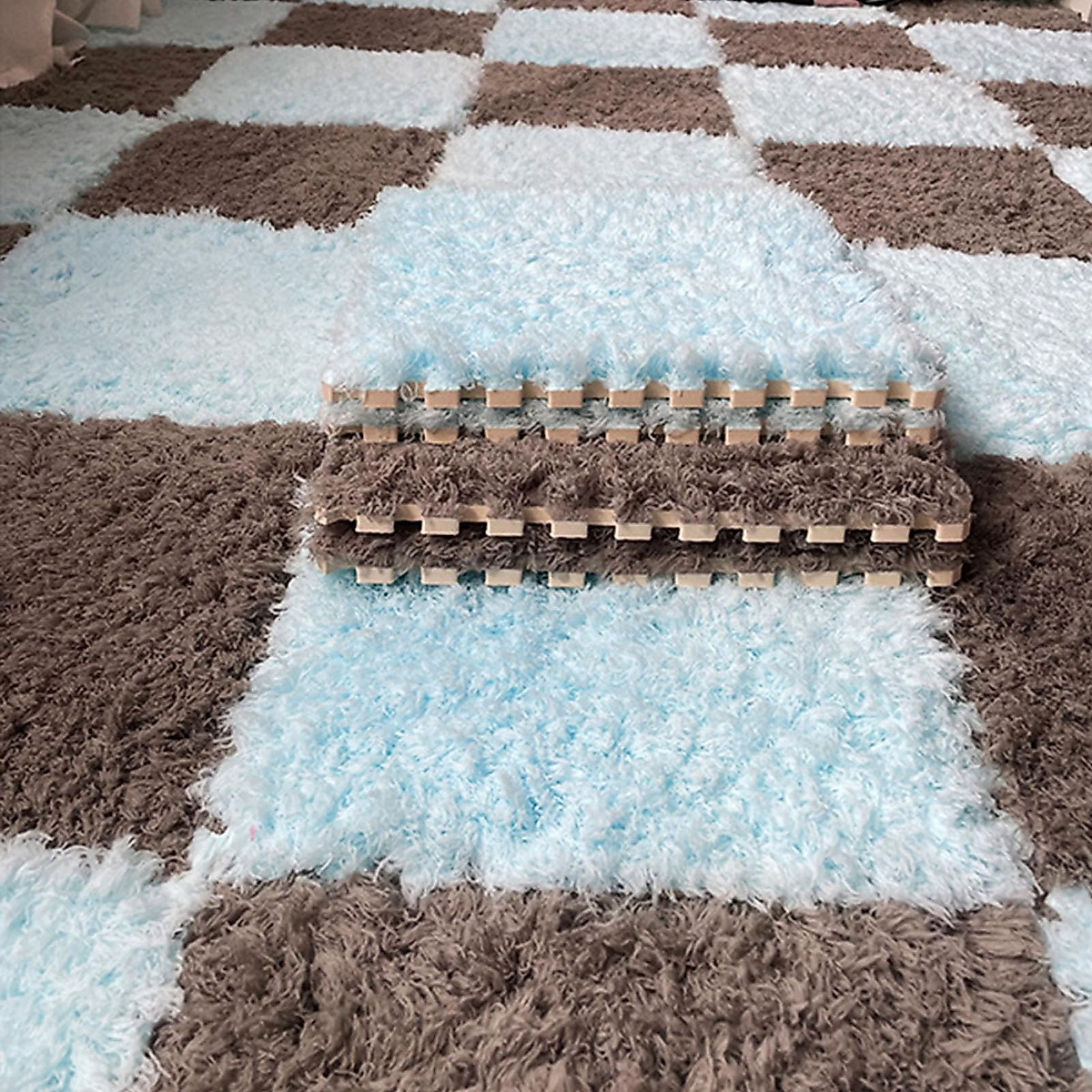 12 Pcs -12 Sq.ft. Non-Slip Shaggy Interlocking Foam Tiles,Plush Puzzle Floor Mat,Area Rugs,Carpet Square,Wear-Resistant Playmat,12x12 Inch(Color:Blue)