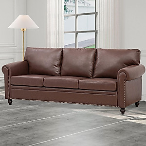 TINGMAMADEHUA Modern Brown Faux Leather Sofa – 3-Seater Couch for Living Room, Comfy Upholstered Design with Tufted Detachable Back Cushions, Traditional Rolled Arms, and Nailhead Trim – Easy Assembly