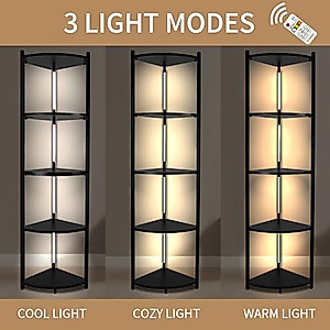 5 Tier Corner Shelf with LED Light, 57.7" Tall Corner Stand Shelves Modern Home Decor Display Floor Lamps, Corner Furniture Open Bookshelf for Bedroom, Office, Living Rooms, Black
