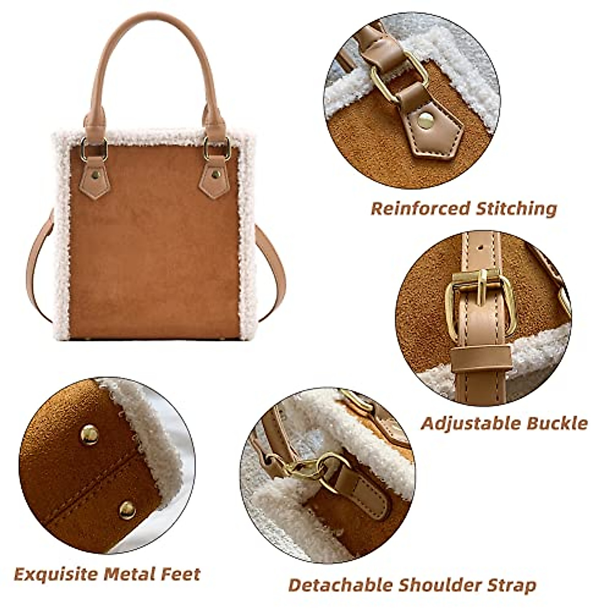 Mudono Handbags for Women Small Suede Tote Bag Square Crossbody Shoulder Purse with Faux Shearling Trim and Detachable Strap