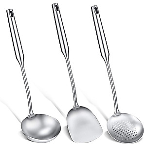Patelai 3 Pcs 15in Wok Spatula and Ladle, 304 Stainless Steel Wok Utensils All Metal, Utensils Skimmer Ladle Tool Set for Carbon Steel Cooking Baking