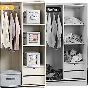 Homsorout Fabric Bins for Storage - Decorative Storage Basket with Lid, Clothes Storage Cubes with Side Window, Collapsible Storage Containers for Home, Deep Shelves, 4 Pack, Light Gray