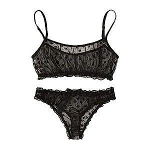 WDIRARA Women's Sexy Polka Dot Mesh Frill Spaghetti Strap Lingerie Set Black M