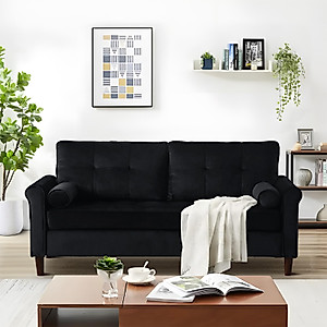 JEEOHEY 60 Inch Small Couch, Mid-Century Modern Velvet Upholstered Loveseat Sofa Furniture for Small Space, Living Room, Bedroom, 2 Pillows, Rolled Arm, Comfy Seat & Back Cushion, Black