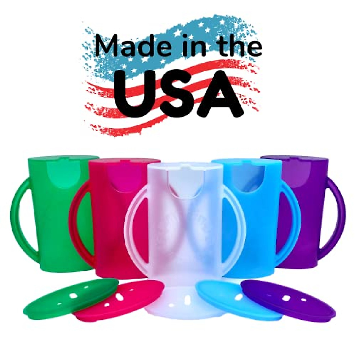 Deluxe Squeeze Proof Flipping Holder (2-Pack with lids) for Food Pouches & Juice Boxes - Multipurpose - Prevent Messes & Support Self-Feeding - Easy Grasping Handles - Made in USA