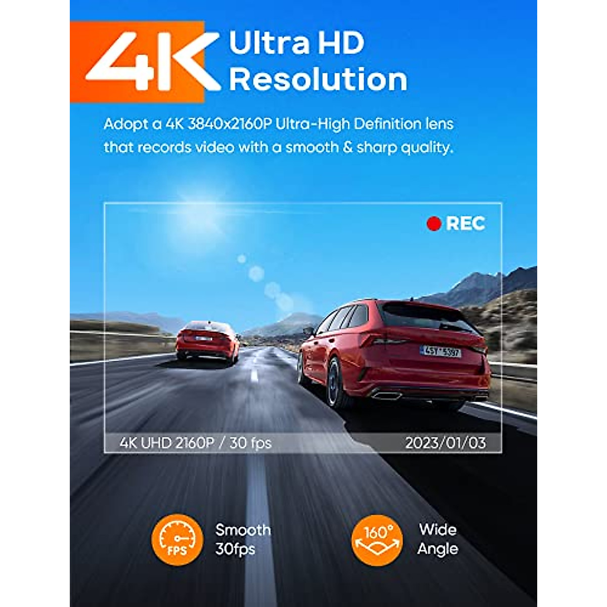 Dash Cam 4K WiFi 2160P Dash Camera for Cars, Car Camera Dash Cam Front Recorder, Dashcam for Cars with App, 24 Hours Parking Mode, G-Sensor, Night Vision, Loop Recording, Support 256GB Max