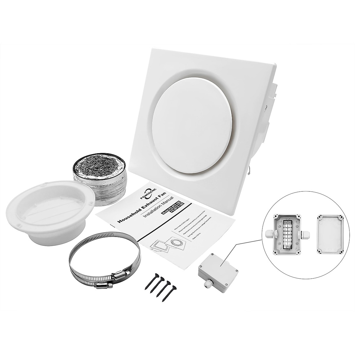 POWERENG Bathroom Fan Ultra-Quiet Bathroom Ventilation, Exhaust Fan,123CFM 0.7 Sones 40W,4 Inch Duct Collar,White,9 Inch Opening size,Easy to Install & Replace