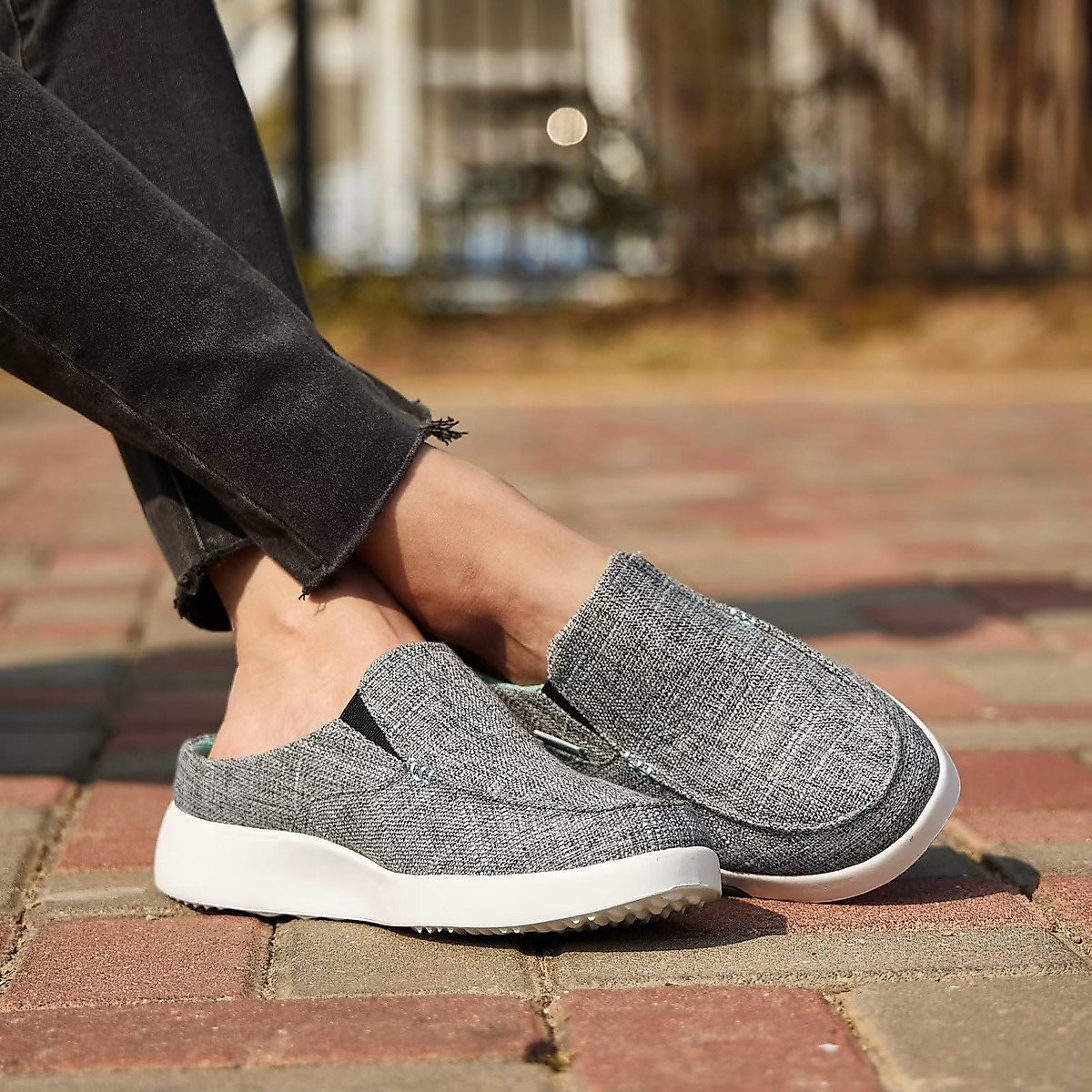 OrthoComfoot Canvas Loafer for Womens, Plantar Fasciitis Slippers for Flat Feet,Ladies Comfortable Athletic Walking Shoes Grey Green Size 9.5