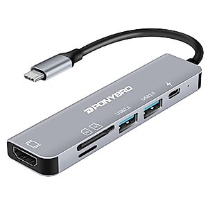PONYBRO USB C Hub Multiport Adapter 6 in 1,4K 60Hz HDMI Adapter,1 USB3.0+1 USB2.0 Port,65W Power Delivery,SD/TF Reader,USB C HDMI Dongle Compatible for MacBook Pro XPS More Type C Devices.