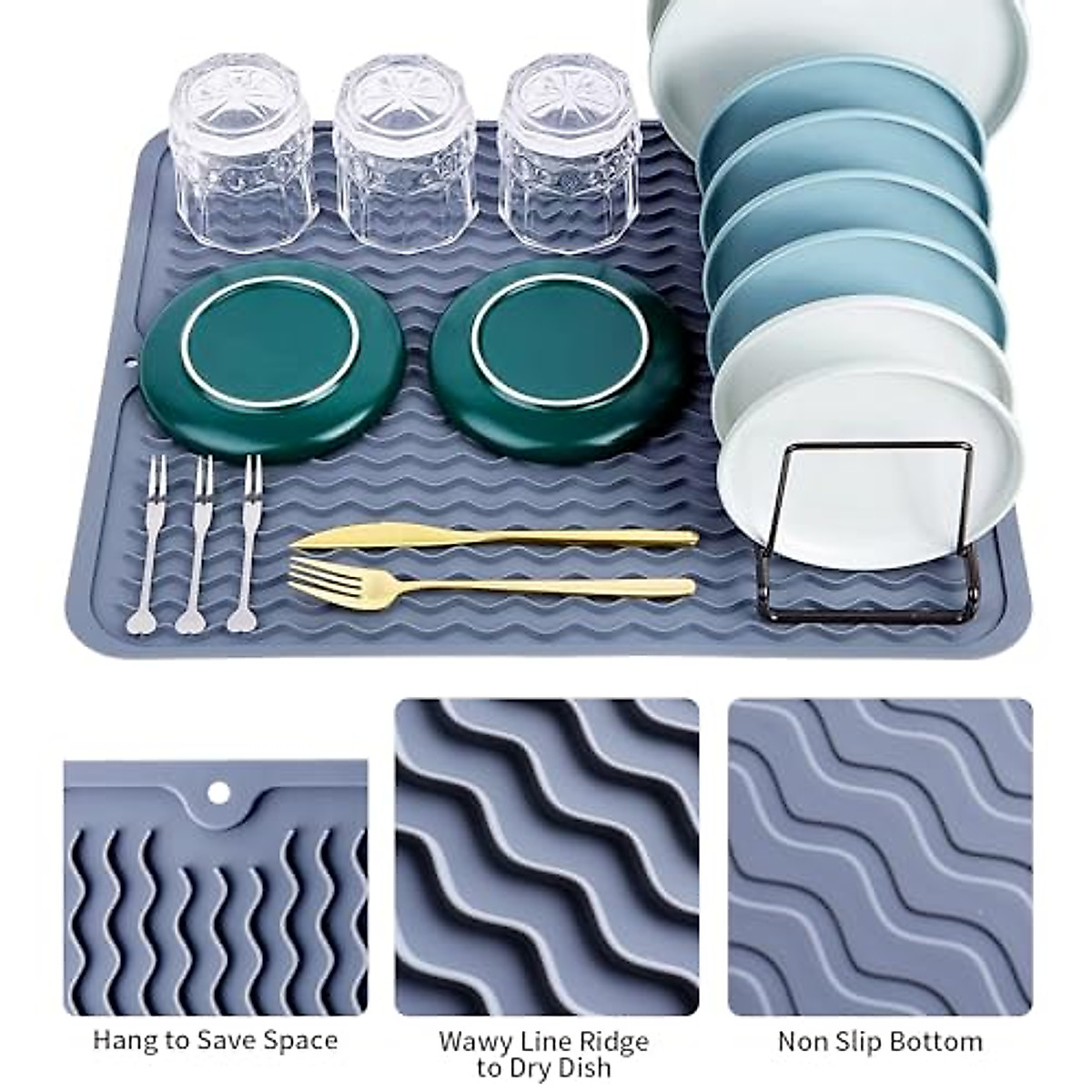 Silicone Dish Drying Mat - 2 Packs of Non-Slip Silicone Mat Easy Clean Drying Mat Large Heat-Resistant Dish Drainer Mat for Kitchen Counter, Sink, Refrigerator or Drawer Liner(16"x12", 12''x 6'' GREY)