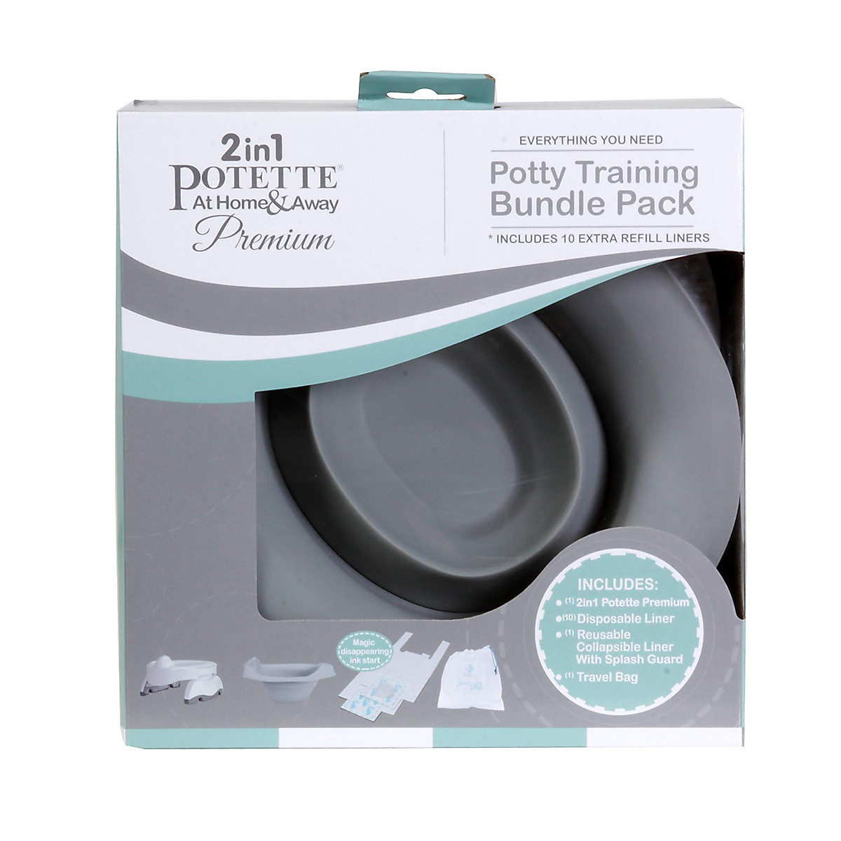 Potette Plus Premium Potty Value Pack: Kalencom 2in1 Potette Plus Premium Portable Potty and Premium Reusable Collapsible Liner for Home Use (White/Gray)