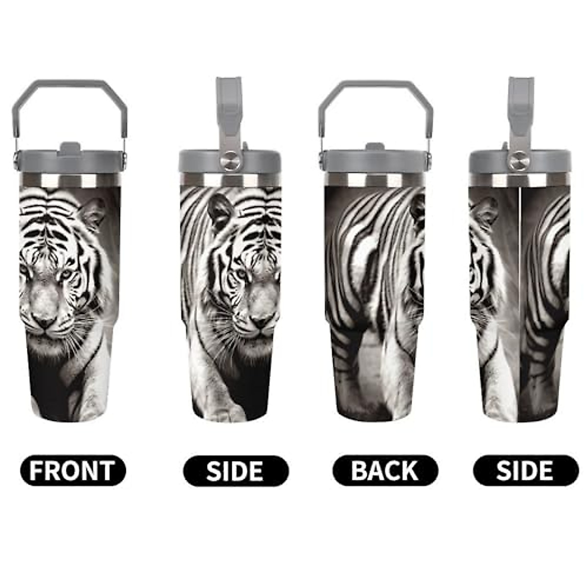 WITHSBKK 30oz Car Cup Black And White Tiger Printed with Portable, Stainless Steel Travel Mug, Vacuum Insulated Tumbler And Straw, Leakproof for Car & Outdoor, UV Printed Design