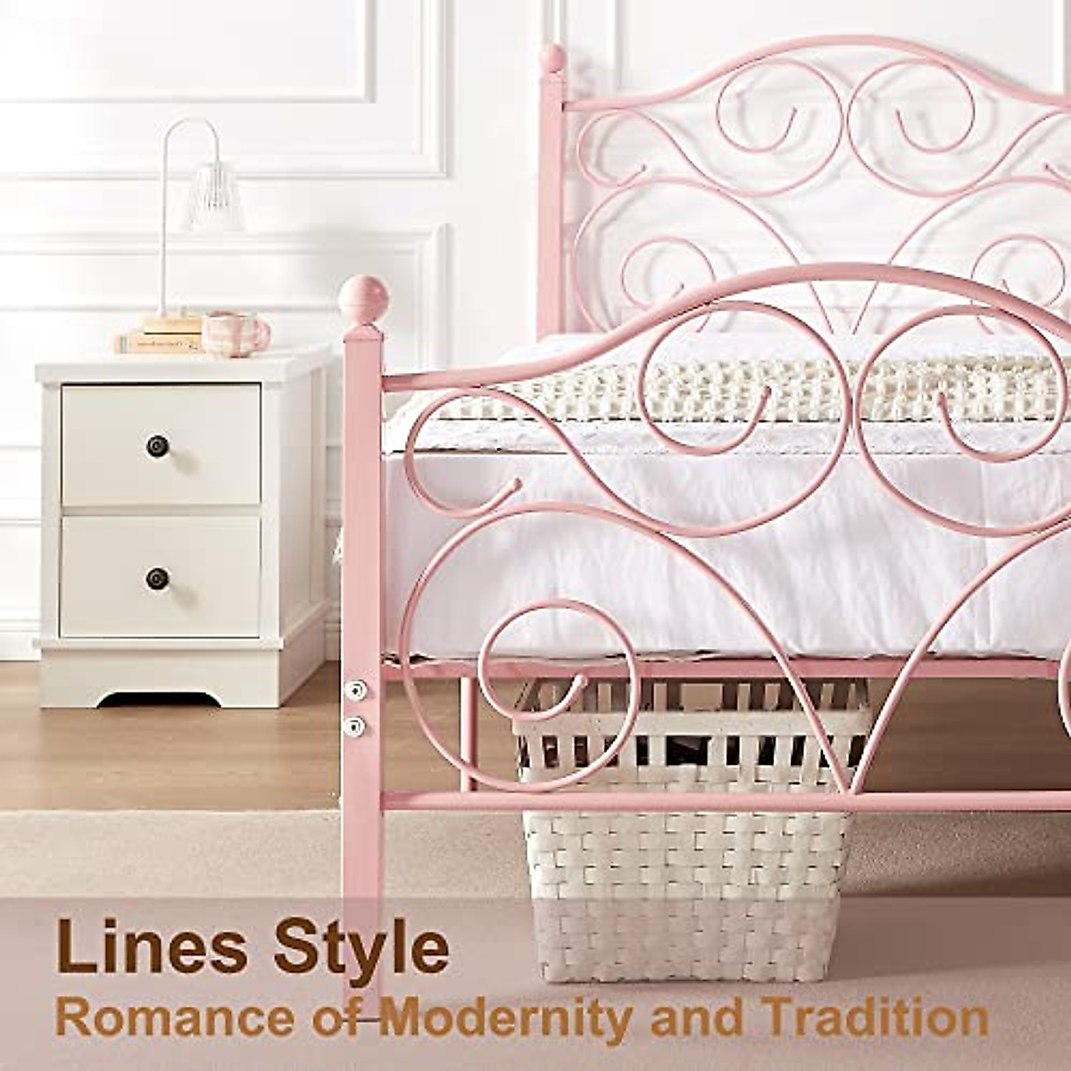 VECELO Twin Size Metal Bed Frame with Headboard and Footboard, Heavy Duty Steel Slat Support, Platform Mattress Foundation, No Box Spring Needed, Easy Assembly, Pink